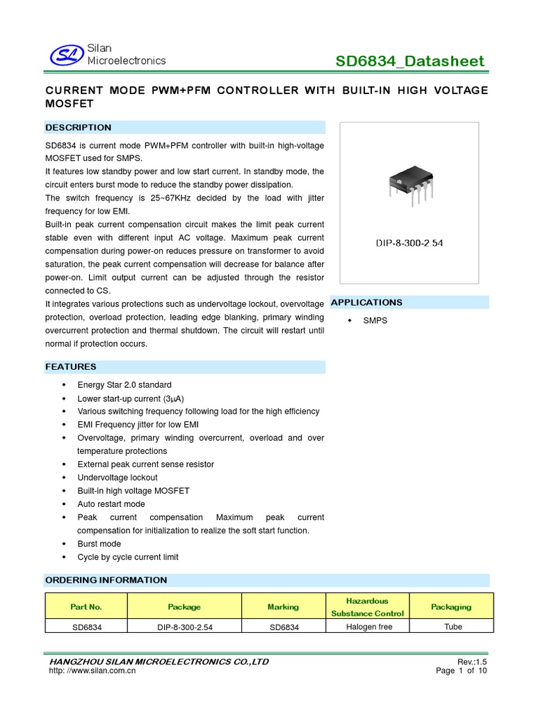 SD6834 - Datasheet: Current Mode PWM+PFM Controller With Built-In High Voltage Mosfet | PDF ...