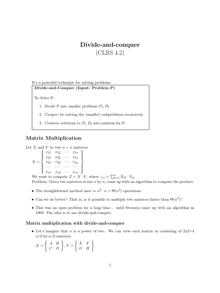 Divide-And-Conquer (CLRS 4.2) : Matrix Multiplication | PDF | Matrix ...