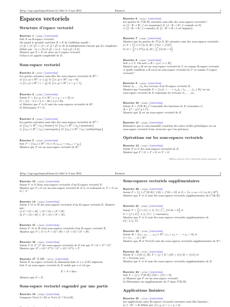 EXERCICES Espaces Vectoriels PDF | PDF | Espace vectoriel | Inclusion ...