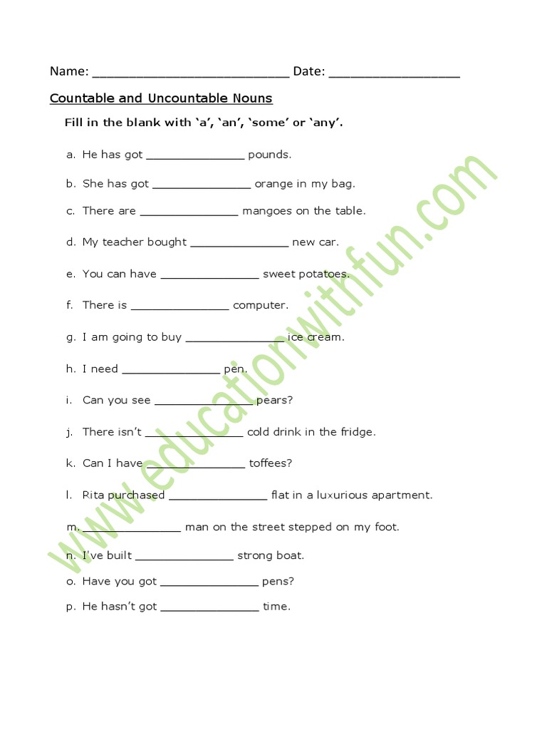 Countable and Uncountable Nouns Worksheet 4 PDF | PDF