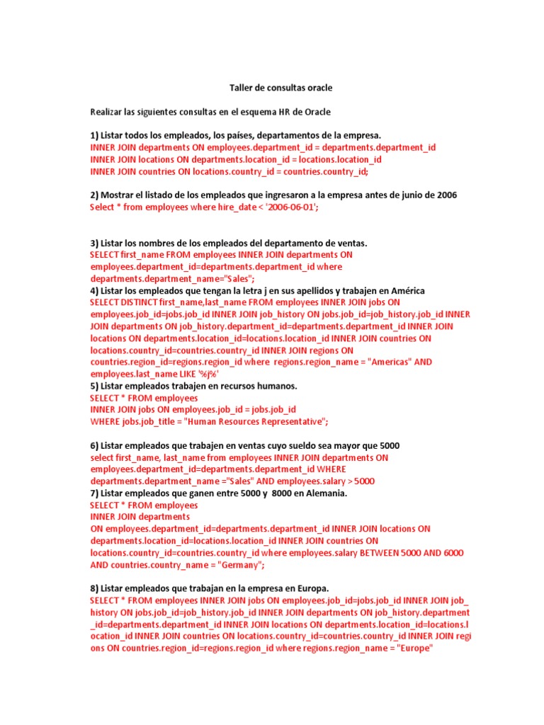 Realizar Las Siguientes Consultas En El Esquema Hr De Oracle Pdf