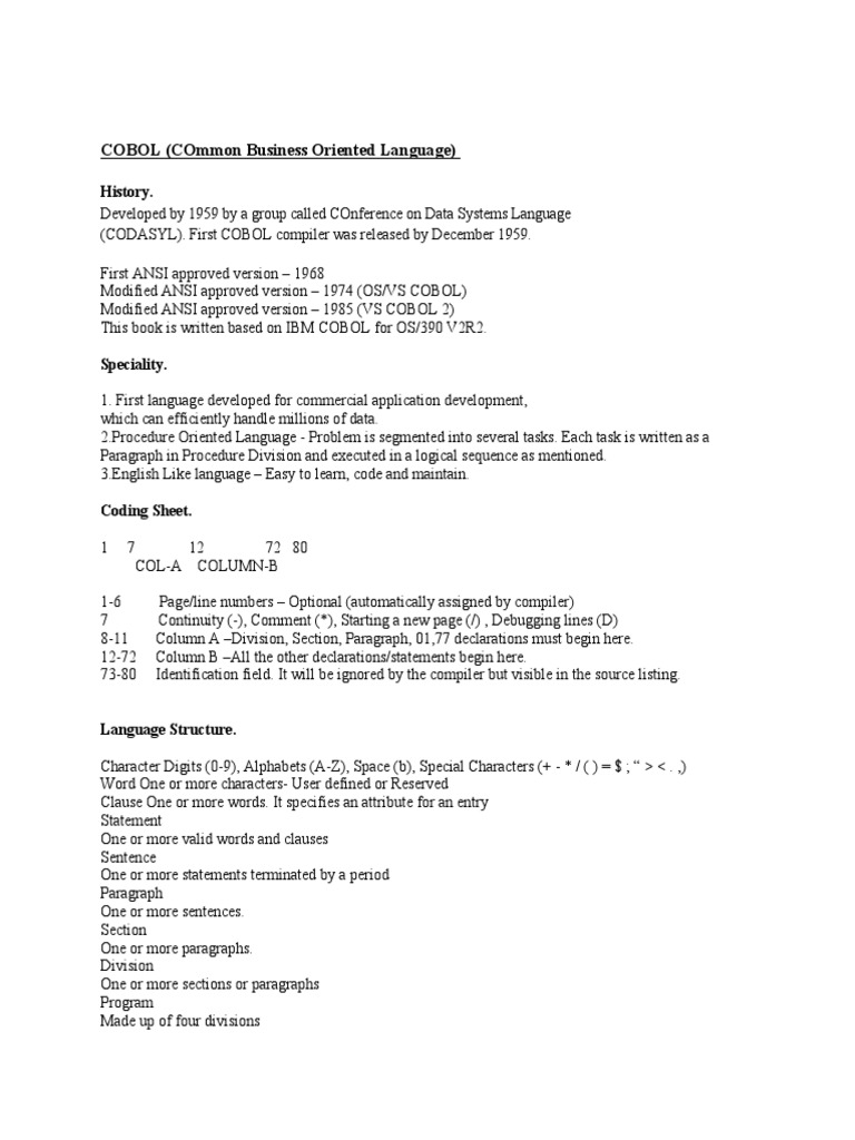 Cobol (Common Business Oriented Language) : History | PDF | Subroutine ...