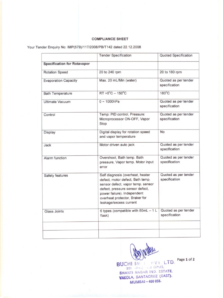Tender Compliance Specifications | PDF | Manufactured Goods | Machines