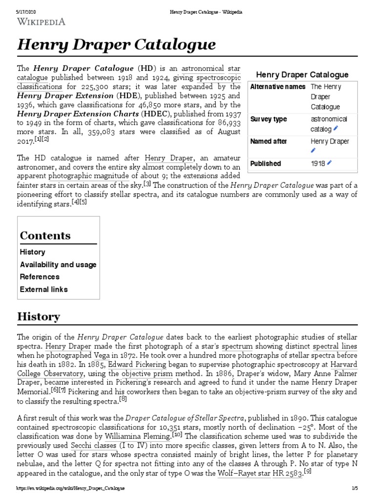 Henry Draper Catalogue - Wikipedia | PDF | Stellar Astronomy | Astronomy