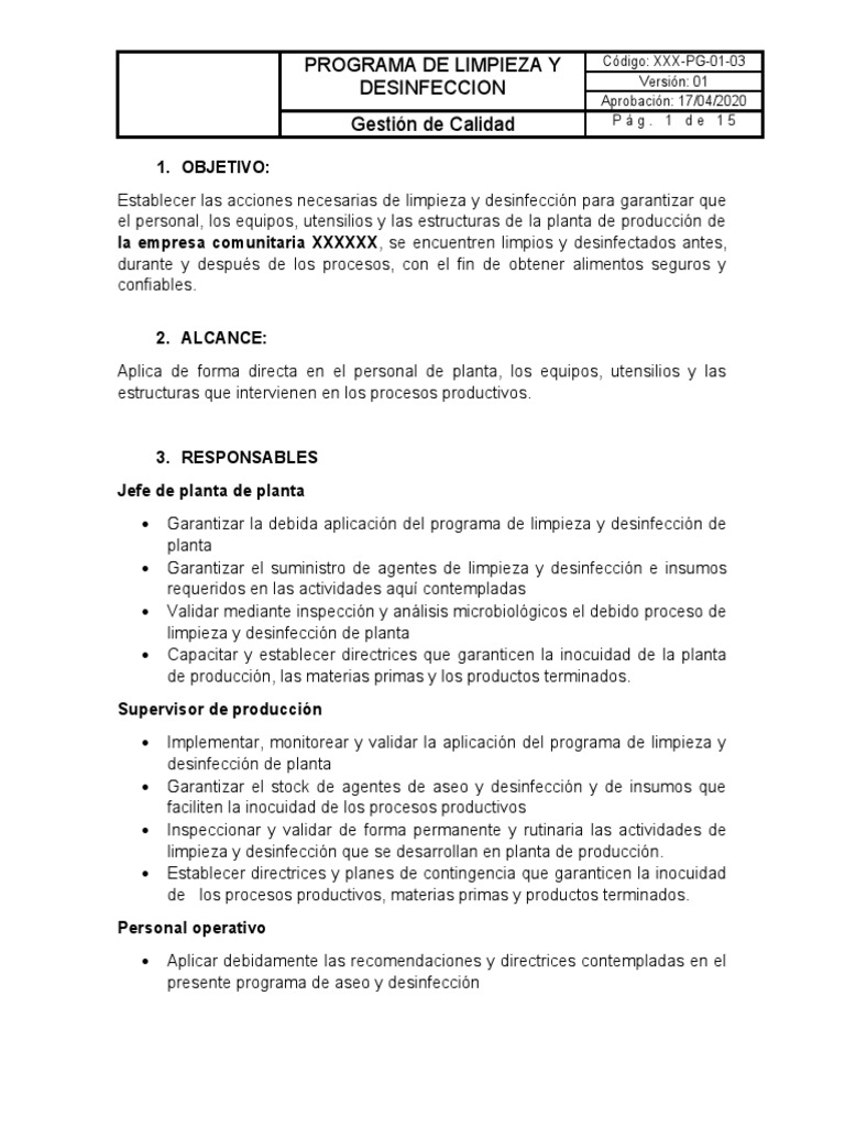 XX-PG-01-03 Programa de Limpieza y Desinfeccion | PDF | Detergente | Agua