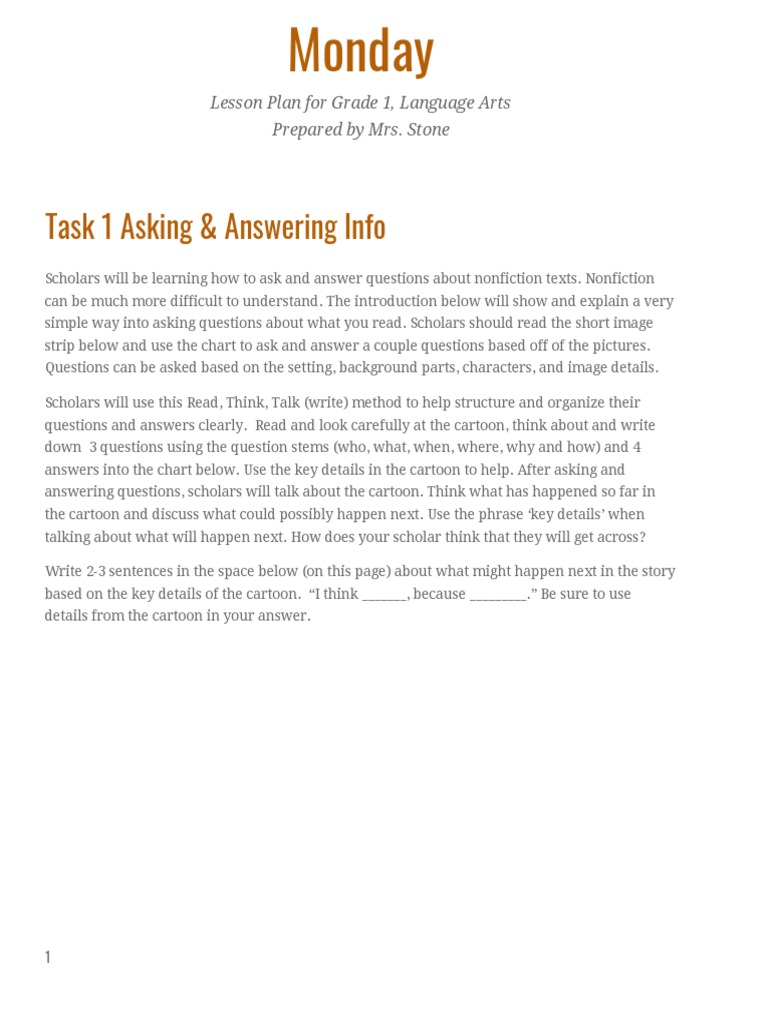 Task 1 Asking & Answering Info: Lesson Plan For Grade 1, Language Arts ...