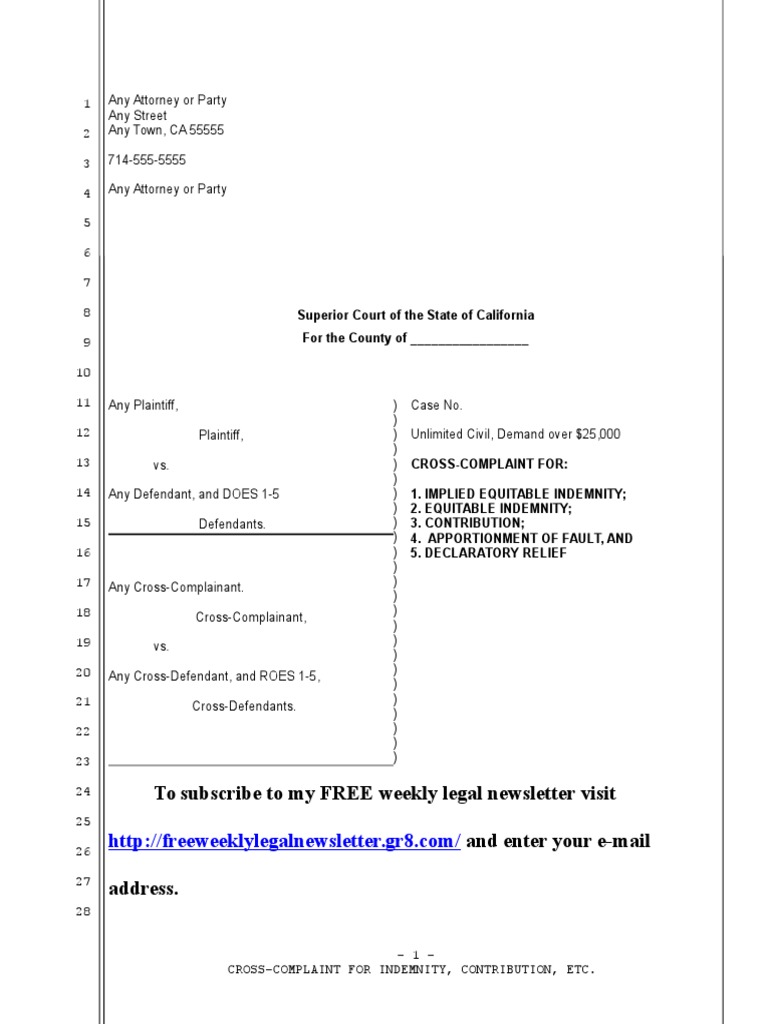 Sample Cross-Complaint For Indemnity For California | PDF | Complaint ...