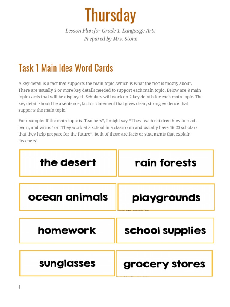 Task 1 Main Idea Word Cards: Lesson Plan For Grade 1, Language Arts ...