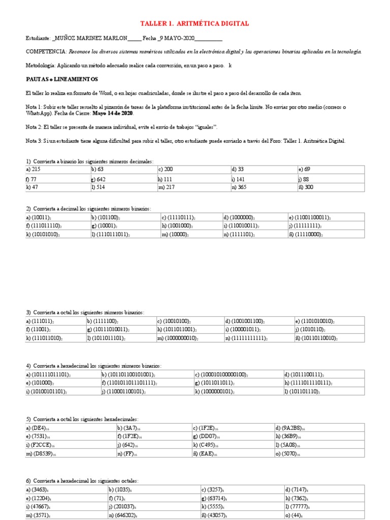 Taller 1. Aritmetica Digital | PDF | Teoría de la computación | Lexicología