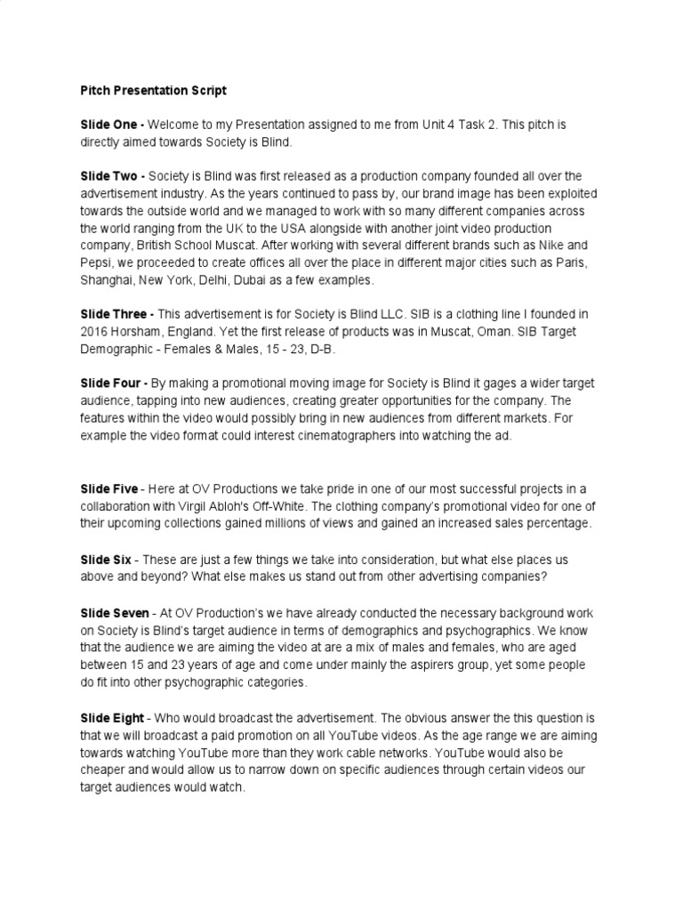 Pitch Presentation Script | PDF | Target Audience | Advertising