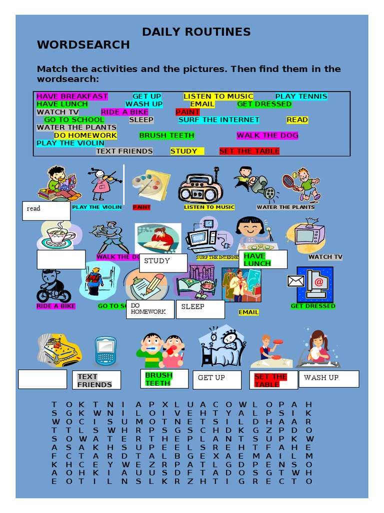 Daily Routines Wordsearch: Match The Activities and The Pictures. Then ...