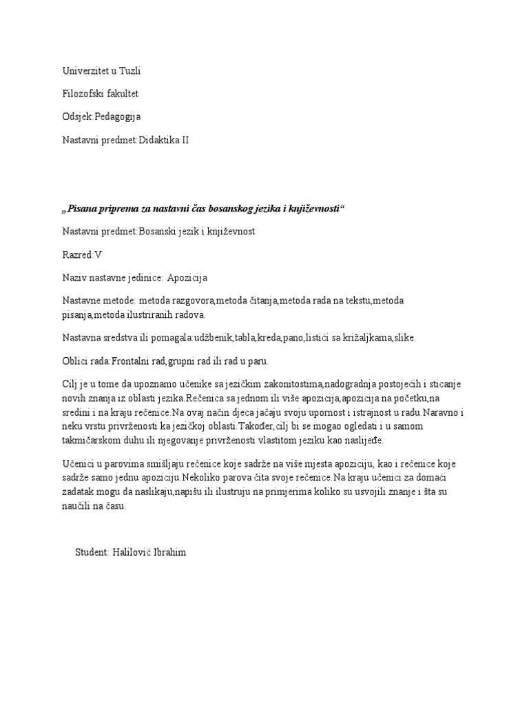 Pisana Priprema Za Nastavni Čas Bosanskog Jezika I Književnosti" | PDF