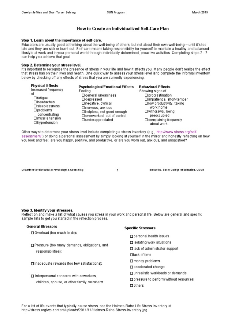 SUN Self Care Plan | PDF | Stress (Biology) | Occupational Burnout