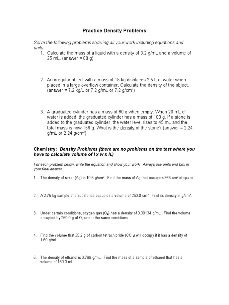 Practice Density Problems: Solve The Following Problems Showing All ...