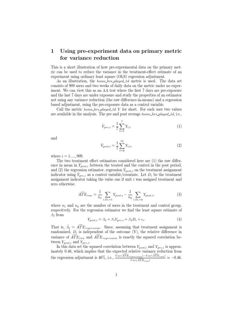 1 Using Pre Experiment Data On Primary Metric For Variance Reduction Pdf Variance Estimator
