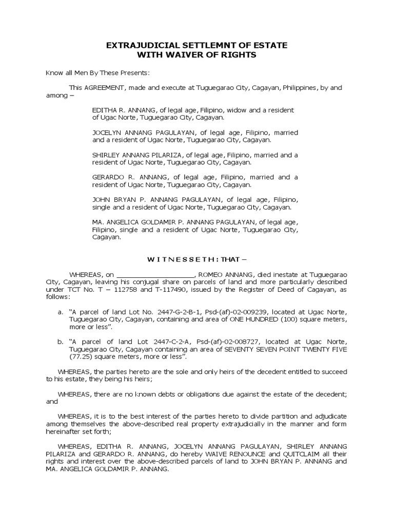 Extrajudicial Settlement and Partition of Estate with Consolidation and ...