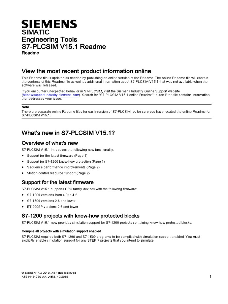 Simatic Engineering Tools S7-PLCSIM V15.1 Readme: View The Most Recent Product Information ...