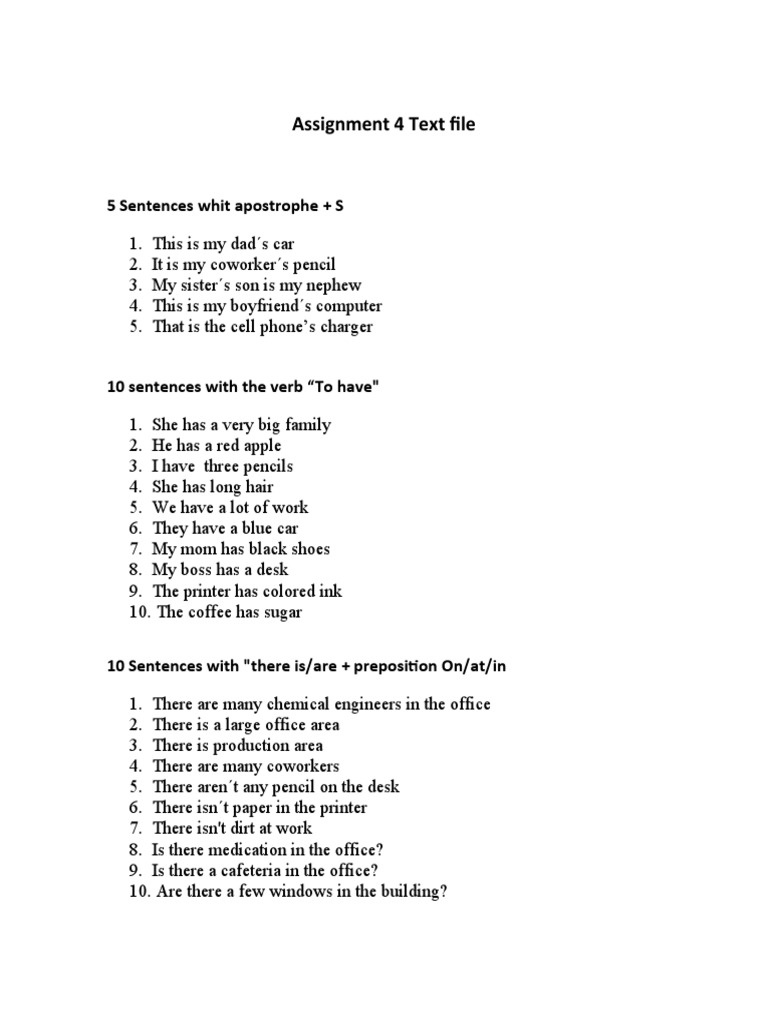 Assignment 4 Text File: 5 Sentences Whit Apostrophe + S | PDF