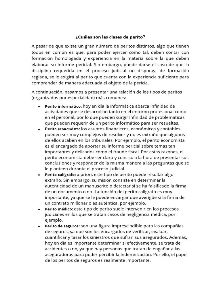 Tipos de Peritos y sus Funciones | PDF | Testigo experto | Poder ...