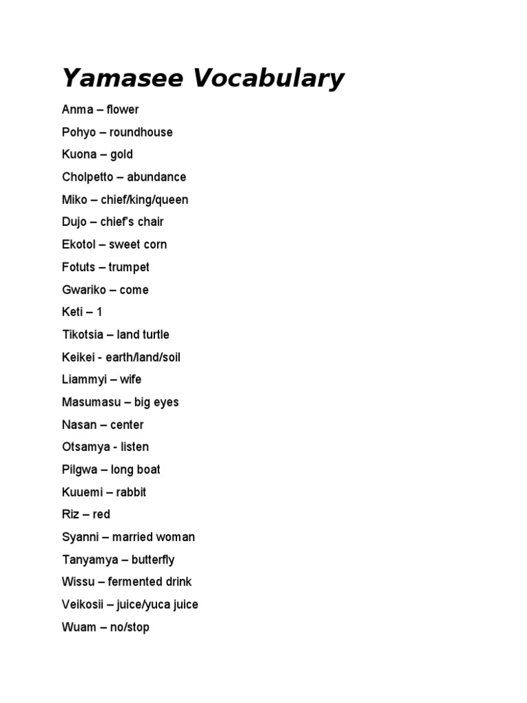 Yamasee Vocabulary 1 | PDF