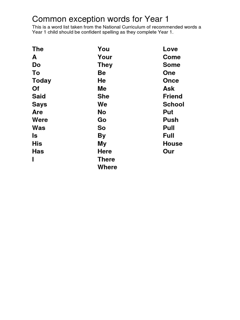 Common Exception Words For Year 1 | PDF