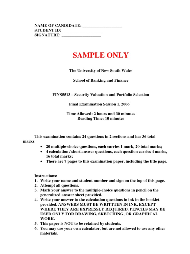 FINS5513 Security Valuation and Portfolio Selection Sample Exam | PDF | Futures Contract | Hedge ...
