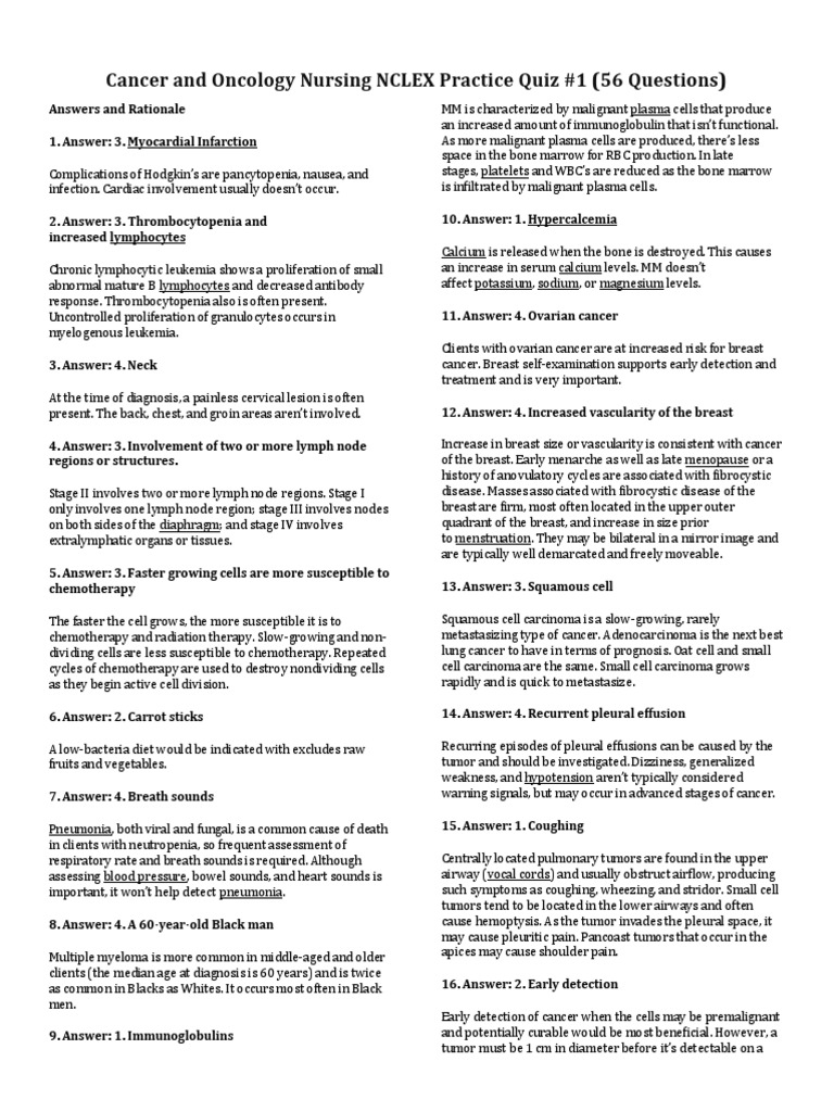 Oncology NCLEX Practice Quiz #1 | PDF | Leukemia | Chemotherapy