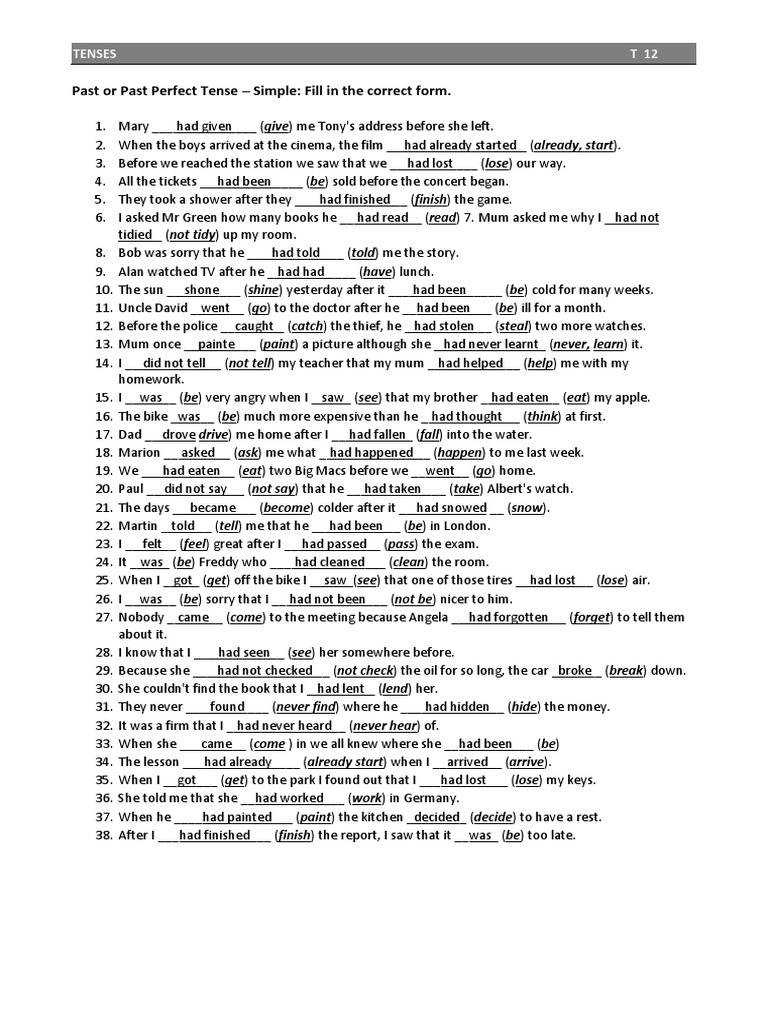 Past or Past Perfect Tense - Simple: Fill in The Correct Form | PDF
