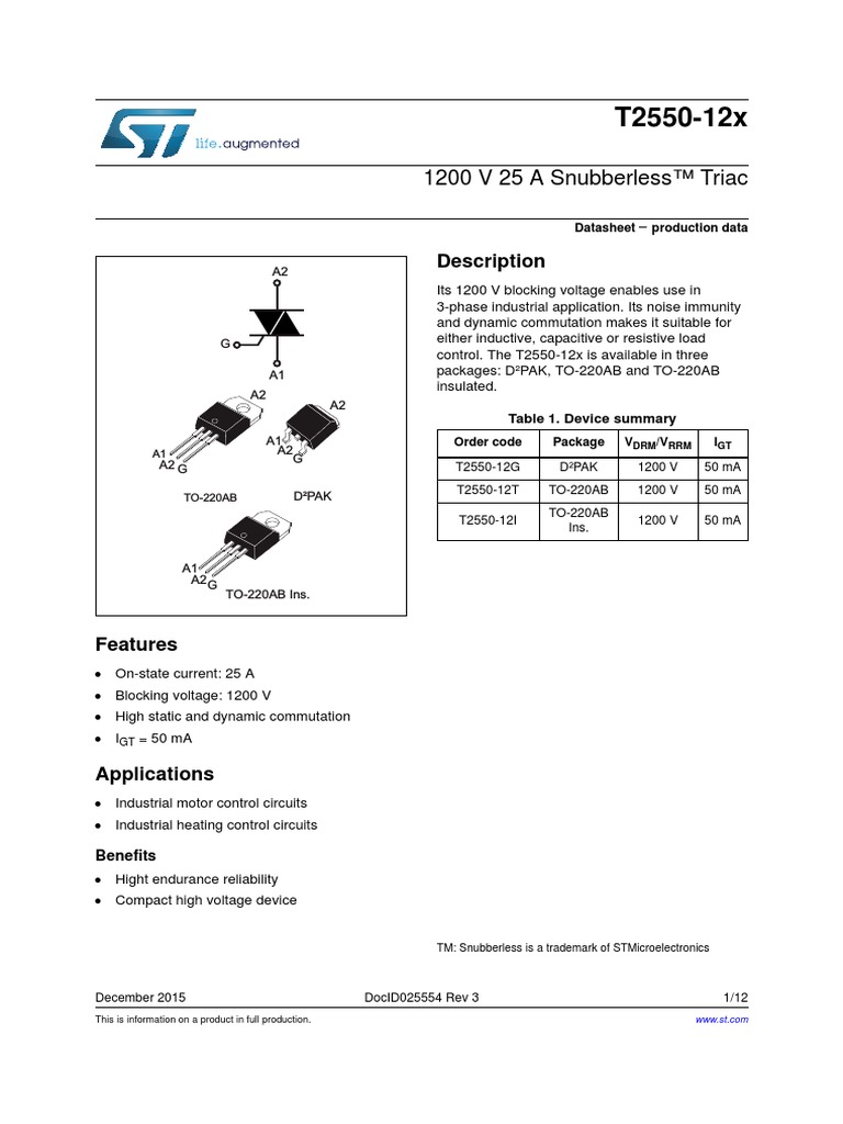 1200 V 25 A Snubberless™ Triac: Description | PDF | Electronic ...