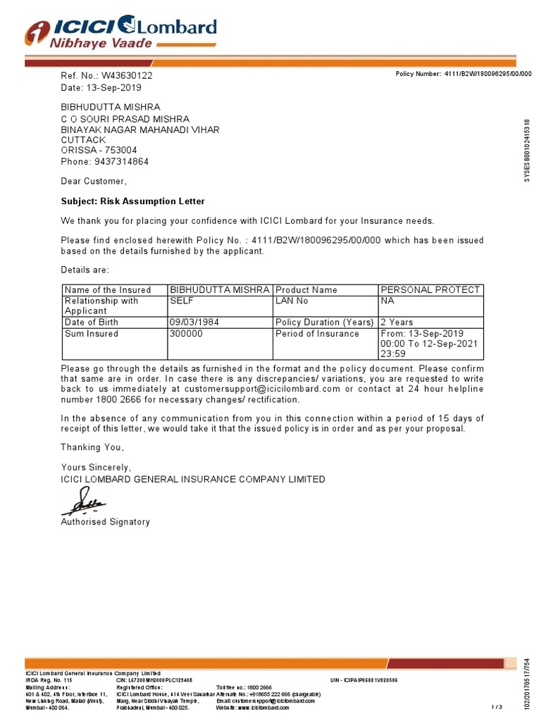 Subject: Risk Assumption Letter: Policy Number: 4111/B2W/180096295/00 ...