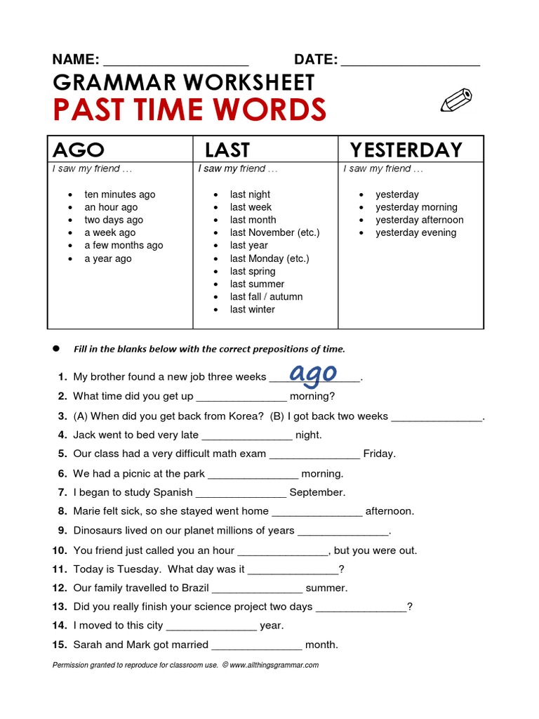 Past Time Words: Grammar Worksheet | PDF | Language Mechanics | Grammar
