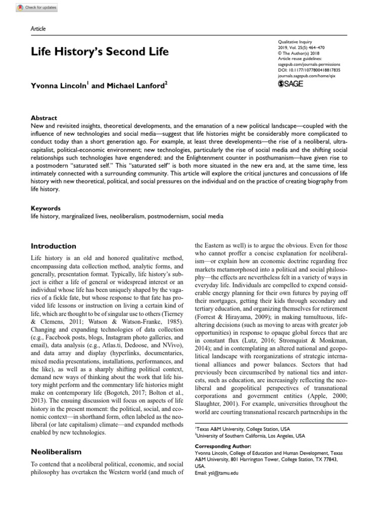 Life History's Second Life: Yvonna Lincoln and Michael Lanford | PDF ...