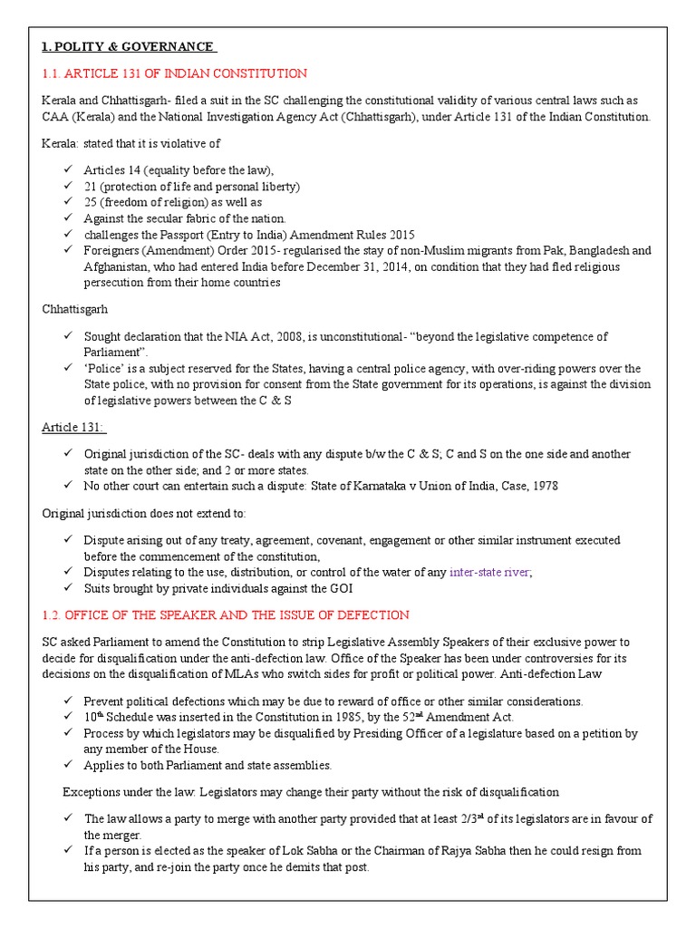 1.1. Article 131 of Indian Constitution: 1. Polity & Governance | PDF ...