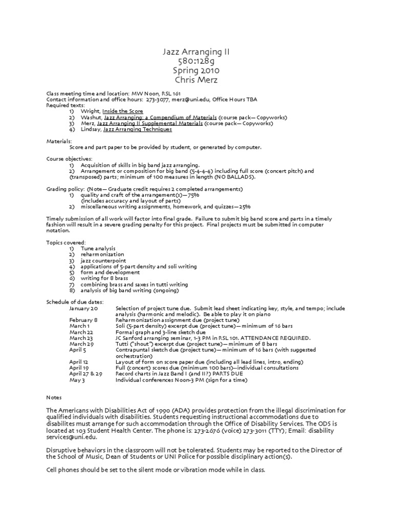 Jazz Arranging II Course Syllabus: Spring 2010 | PDF | Jazz ...