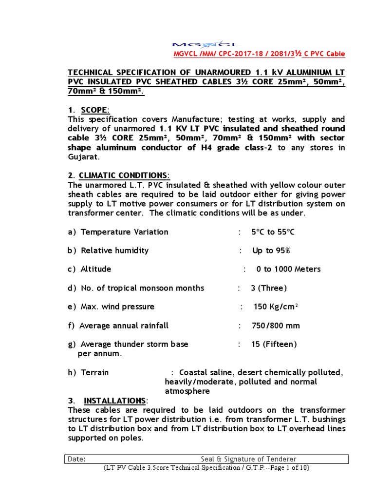 Technical Specification and Guaranteed Technical Particulars for 3.5 Core PVC Insulated and ...