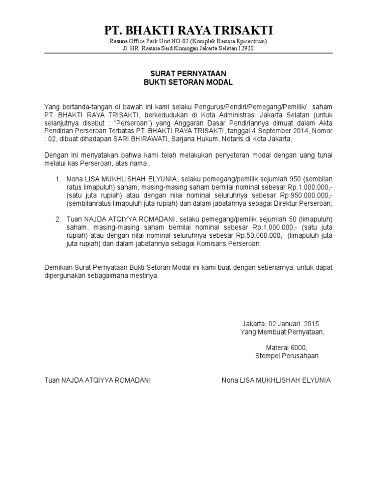 Surat Pernyatan Bukti Setor Modal PT Bhakti Raya Trisakti | PDF