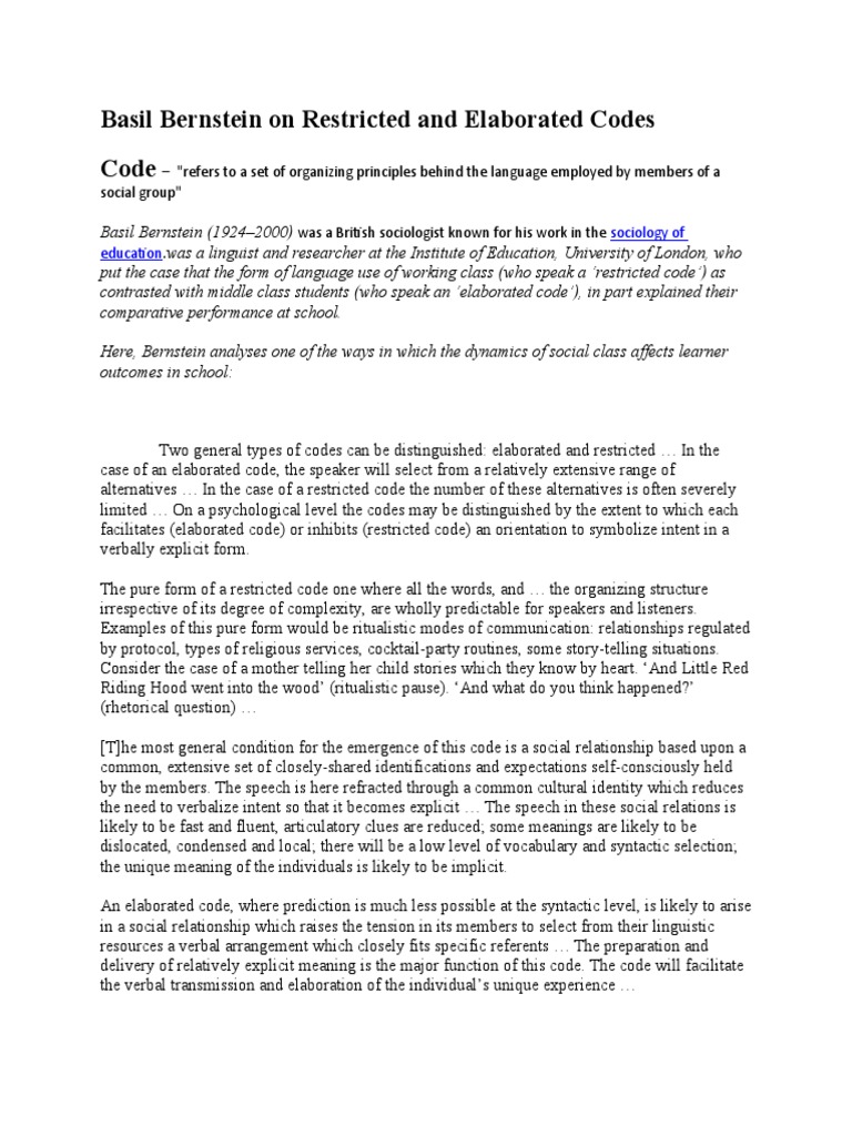 Basil Bernstein On Restricted and Elaborated Codes Code | PDF ...