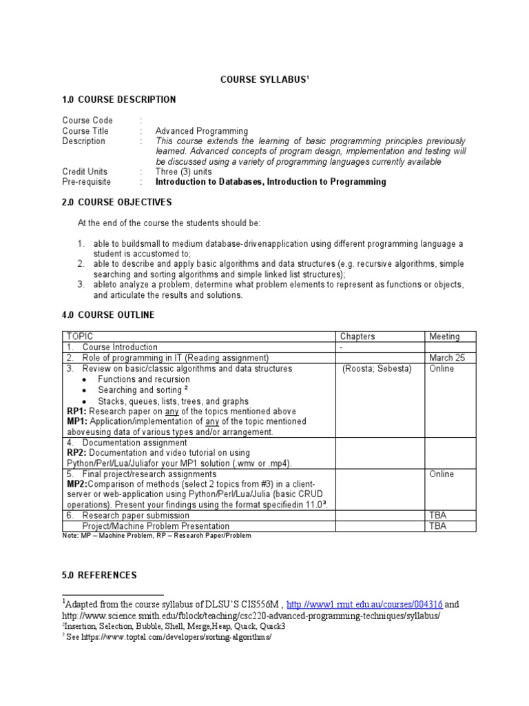 Course Syllabus Advance Programming Pdf Computer Programming Algorithms