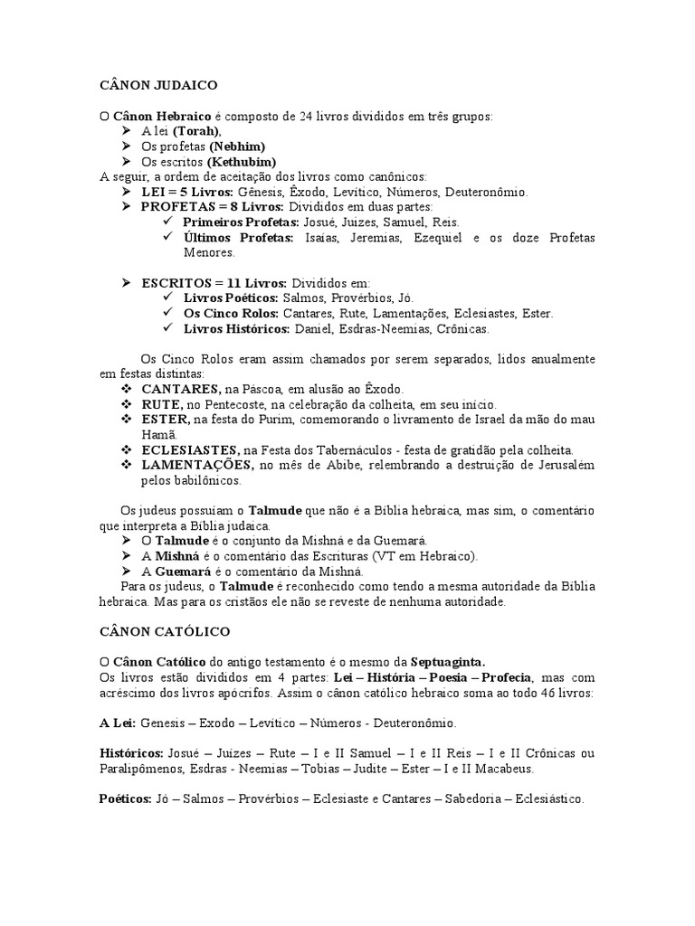 Cânon Judaico e Católico | PDF | Cânon Bíblico | Antigo Testamento
