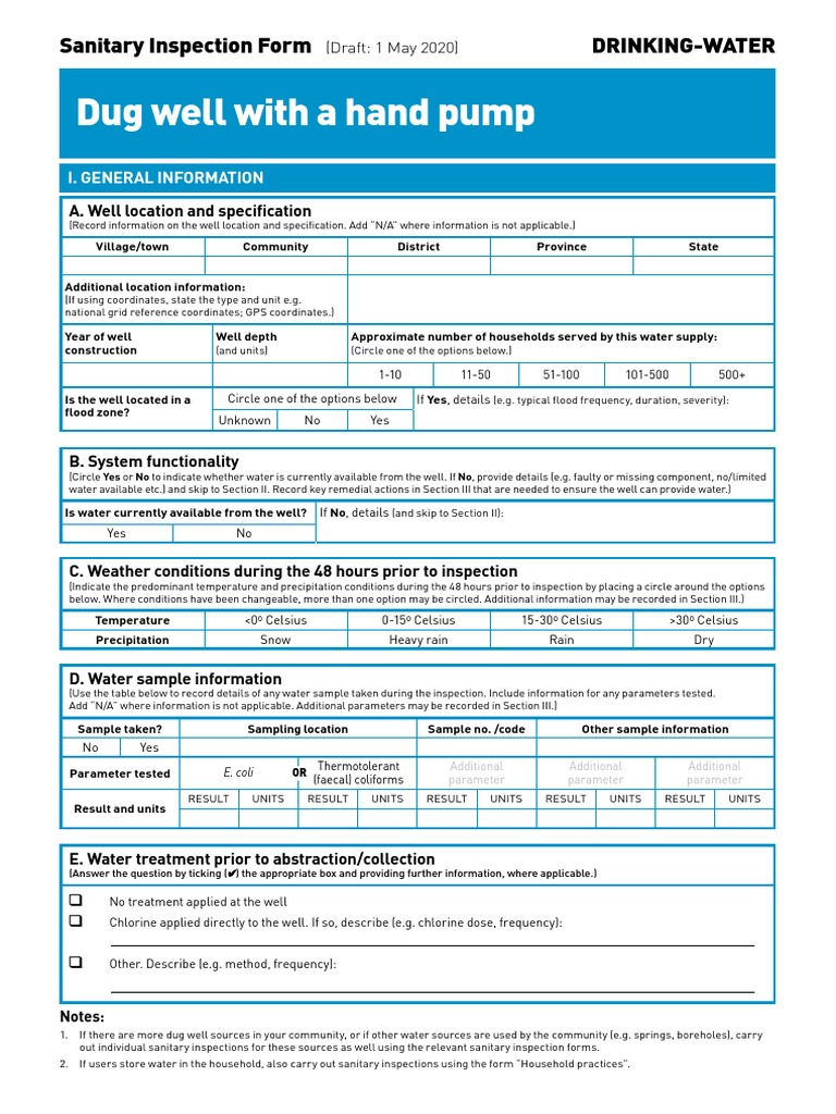 Dug Well With A Hand Pump: Sanitary Inspection Form Drinking-Water ...