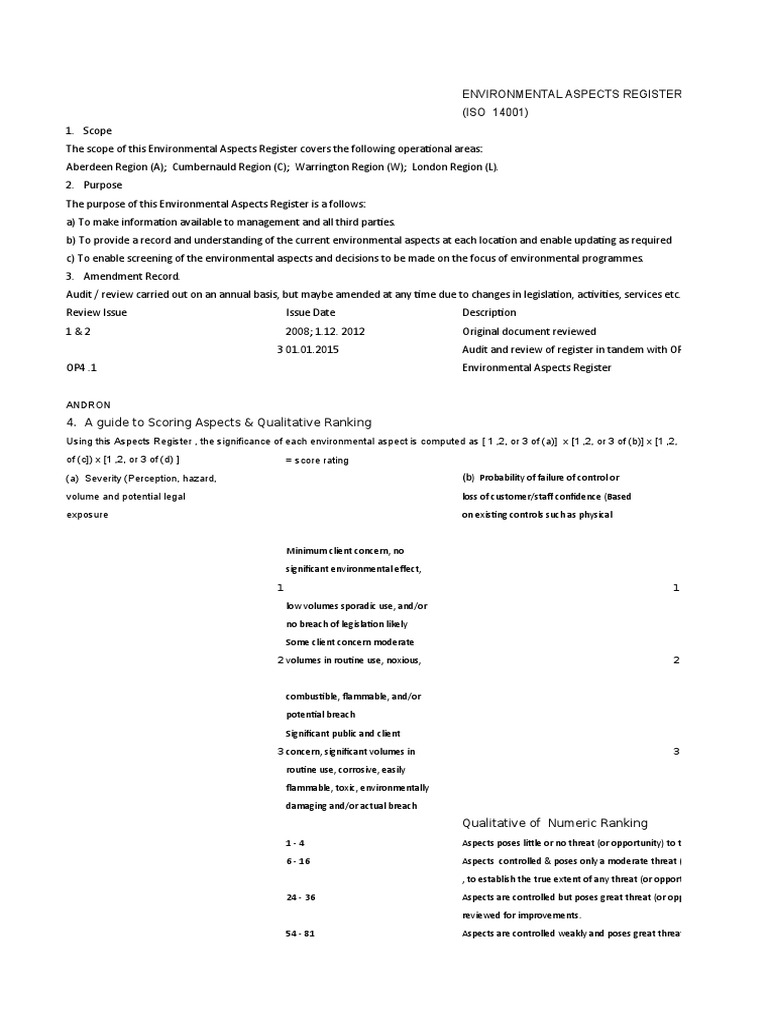 Environmental Aspects Register (Iso 14001) | PDF | Waste Management | Waste