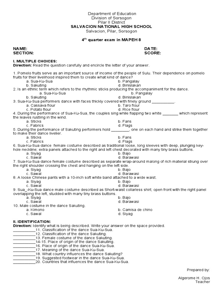 Grd. 8 Mapeh 4TH Quarter Exam | PDF | Clothing | Softlines (Retail)