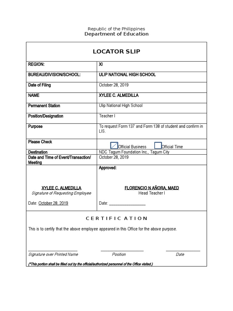 Locator Slip: Department of Education | PDF