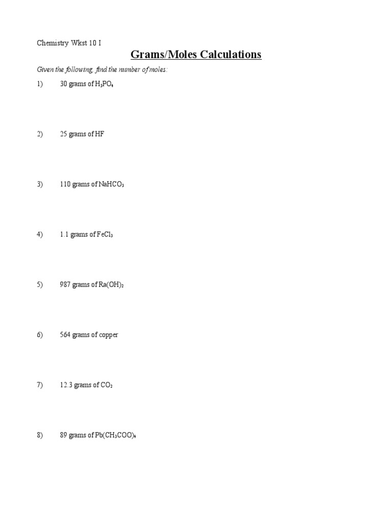 Grams/Moles Calculations: Chemistry WKST 10 I | PDF