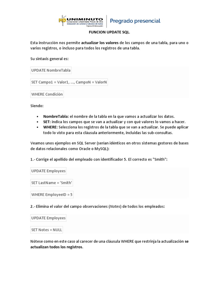 Uso y Sintaxis de UPDATE en SQL | PDF | SQL | Software de gestión de datos