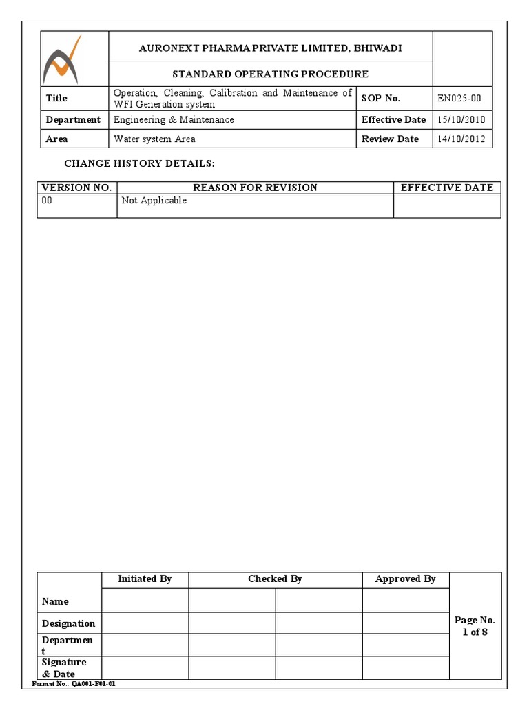 SOP For WFI Generation System, New | PDF | Steam | Calibration