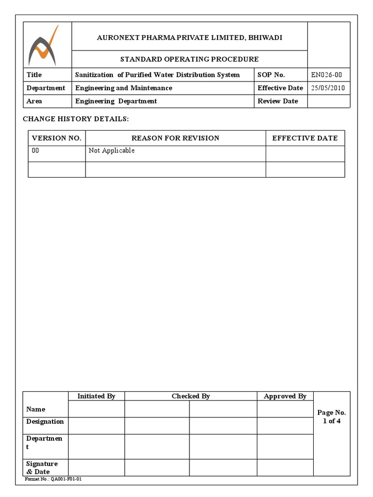Purified Water System Sanitization SOP | PDF | Purified Water | Sodium ...