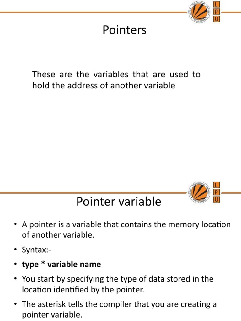 Pointers These Are The Variables That Are Used To Hold The Address Of Another Variable Pdf 