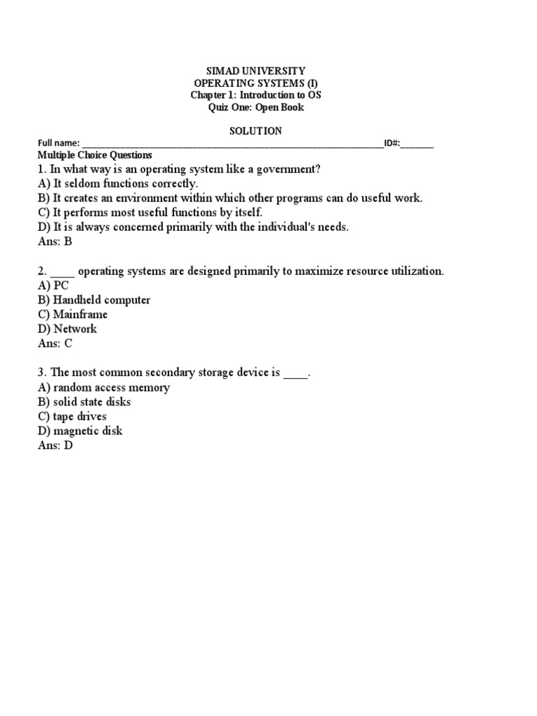 Simad University Operating Systems (I) Chapter 1: Introduction To OS Quiz One: Open Book ...
