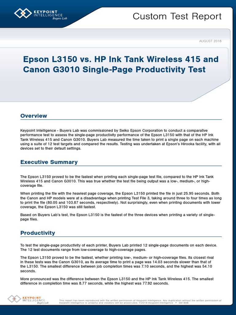 Epson L3150 vs. HP Ink Tank Wireless 415 and Canon G3010 | PDF ...